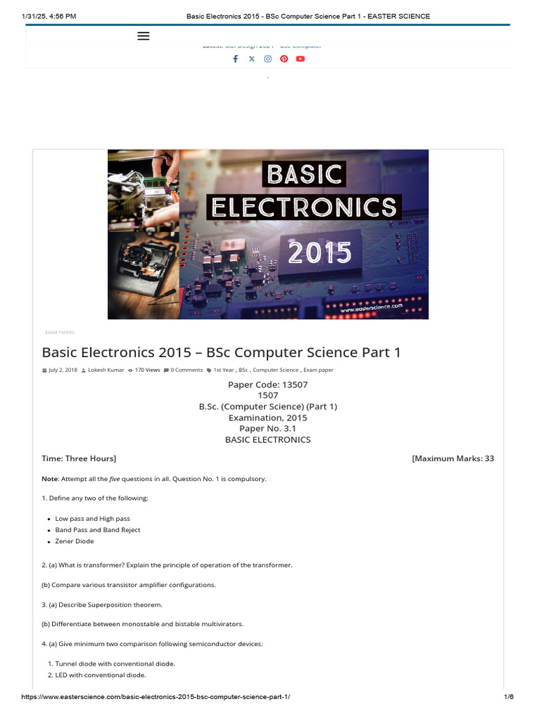 Basic Electronics 2015 - BSC Computer Science Part 1 - EASTER SCIENCE | PDF | Electronics | Diode