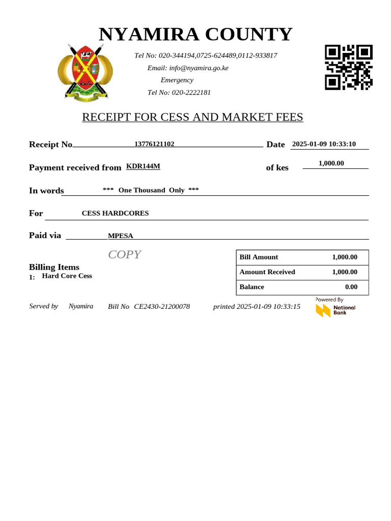 Nyamira County Cess and Market Fees Receipt | PDF