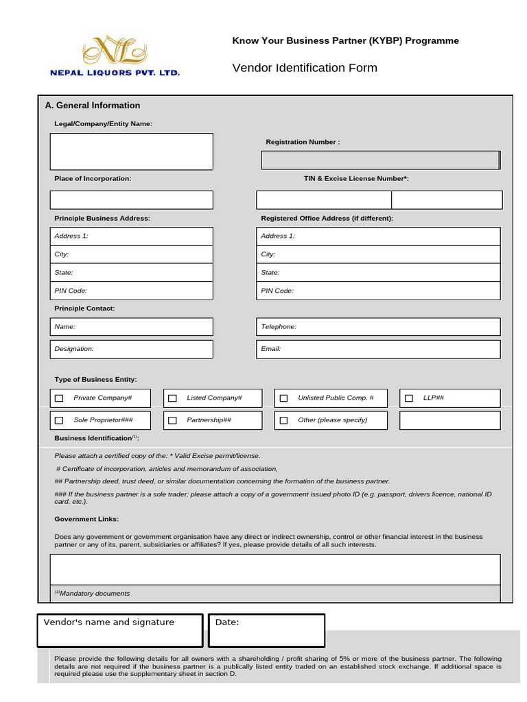 Vendor Identification Form NLPL | PDF | Identity Document | Business