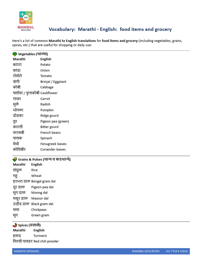 Marathi Food Vocabulary Guide | PDF