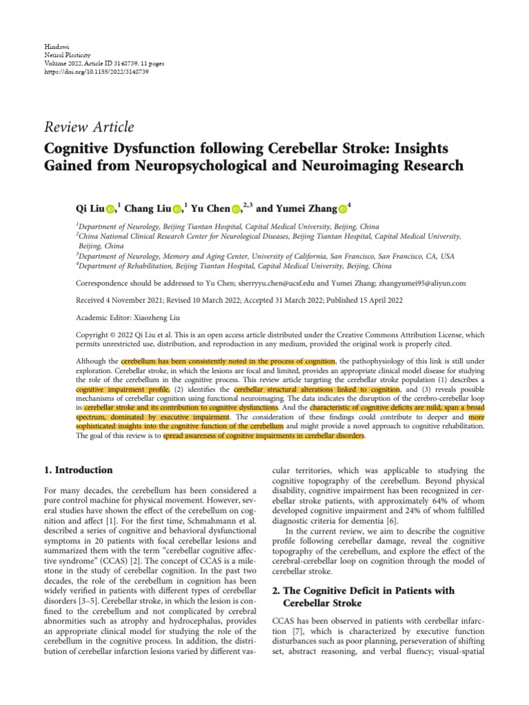 Cognitive Dysfunction After Cerebellar Stroke | PDF | Cerebellum ...