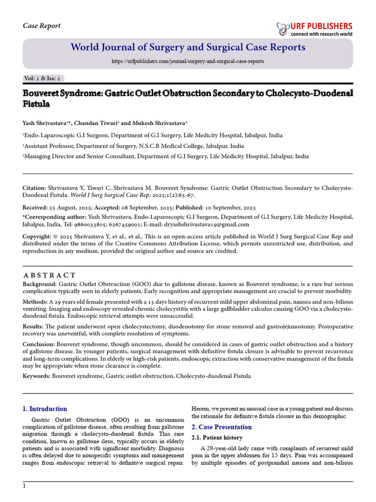 Bouveret Syndrome: Gastric Outlet Obstruction Secondary To Cholecysto ...