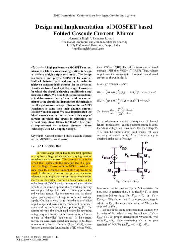 Design and Implementation of MOSFET Based Folded Cascode Current Mirror | PDF | Mosfet | Field ...