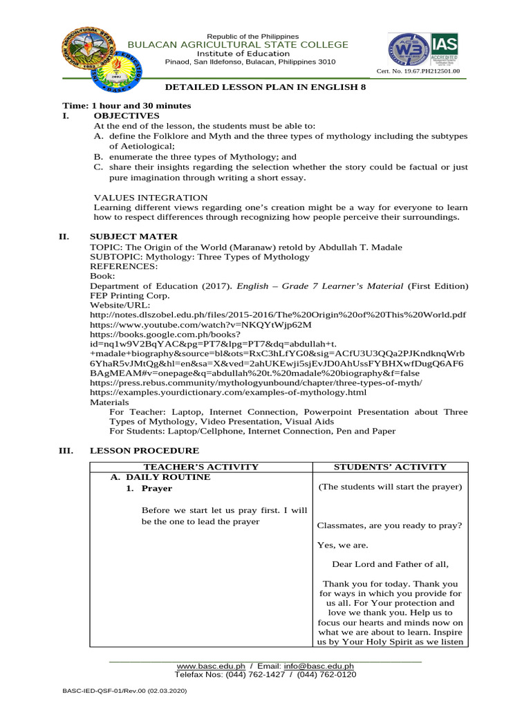 Detailed Lesson Plan in English 8 | PDF | Greek Mythology | Folklore