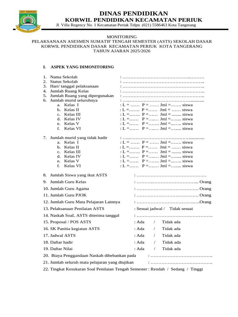 Monitoring ASTS Sekolah Dasar 2025/2026 | PDF