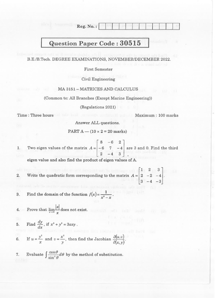 SH-AM-2023-MA 3151-Matrices and Calculus-61388891-20230926191457 | PDF