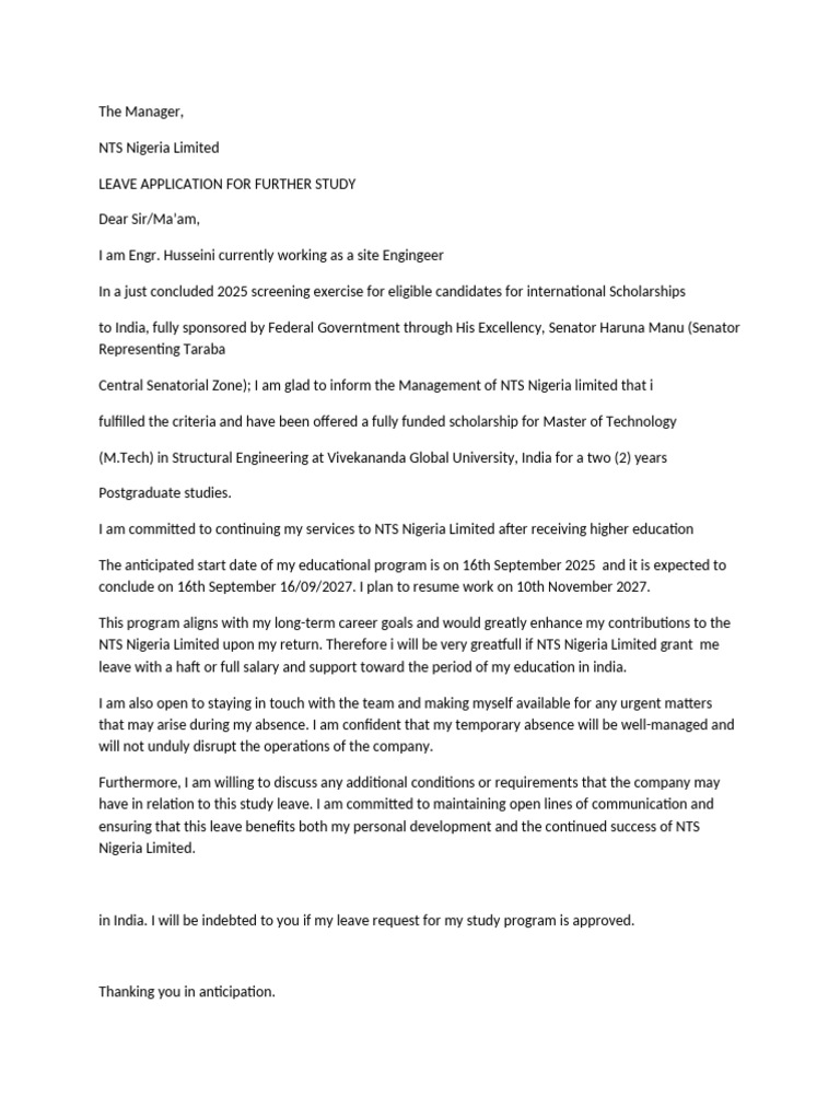 Study Leave Application for M.Tech Program | PDF