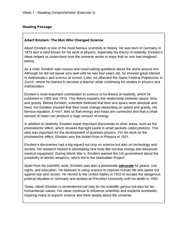 Week 1 - Reading Comprehension (Exercise 2) | PDF | Albert Einstein ...