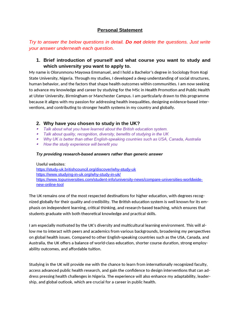 Personal Statement for MSc in Public Health | PDF | Public Health ...