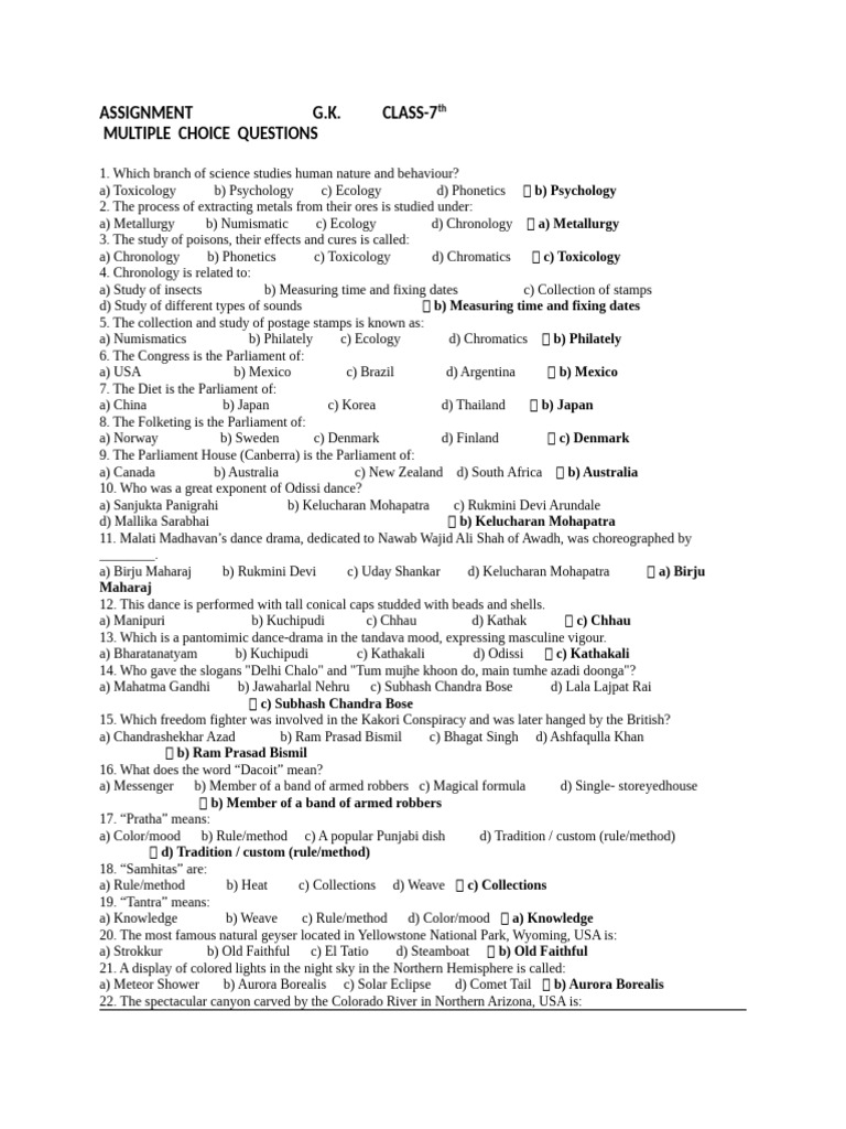Class 7 General Knowledge Quiz | PDF