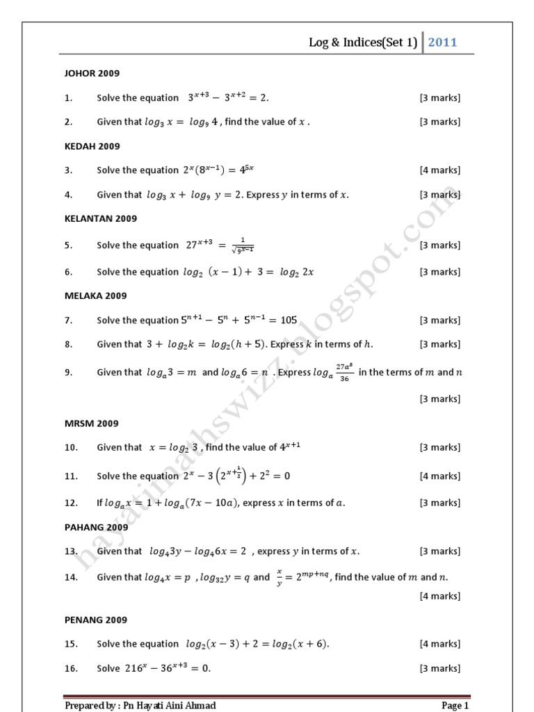 Logarithm and Indices Exercises 2011 | PDF | Teaching Methods & Materials