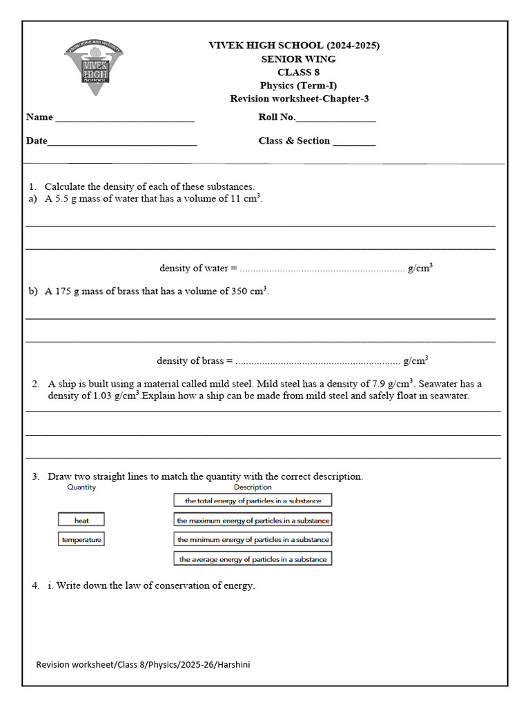 Class 8 Physics Revision Worksheet | PDF | Density | Liquids