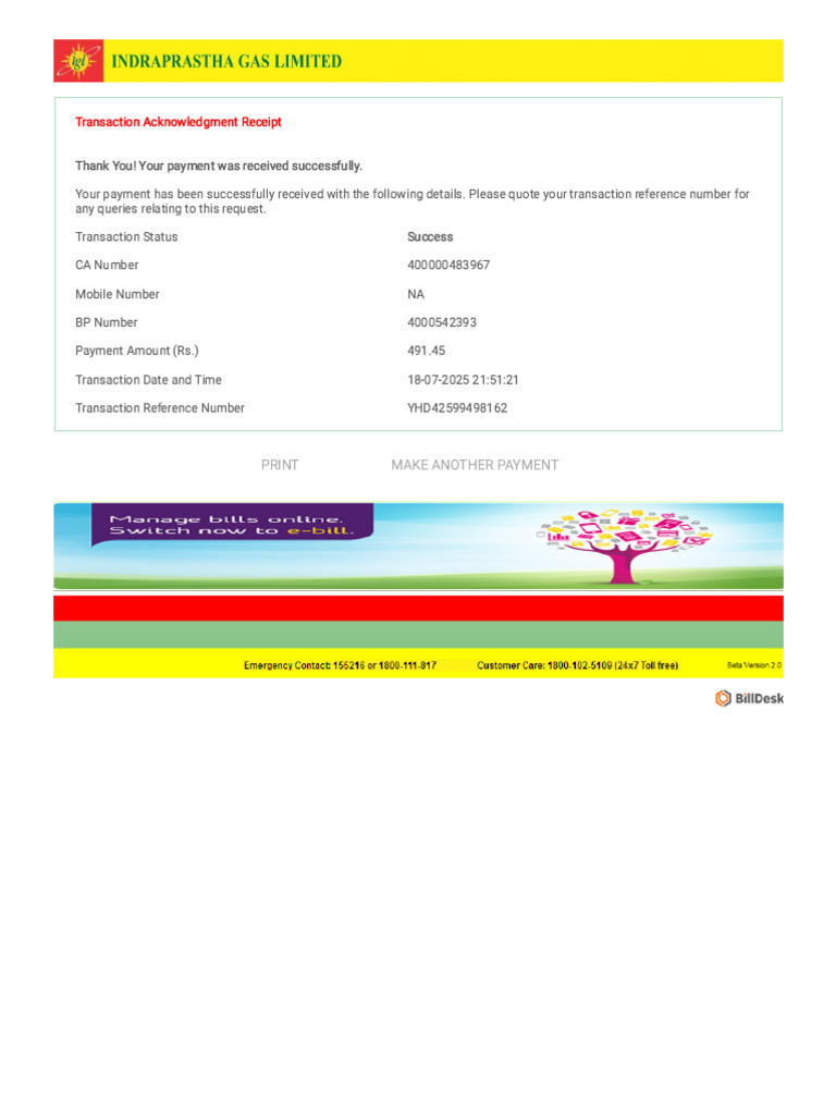 Indraprastha Gas Payment Acknowledgment Receipt | PDF