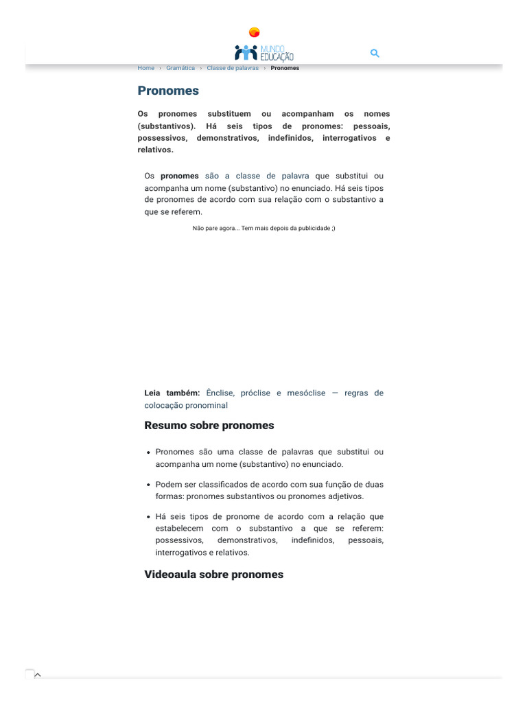 Tipos e Exemplos de Pronomes | PDF | Pronome | Gramática