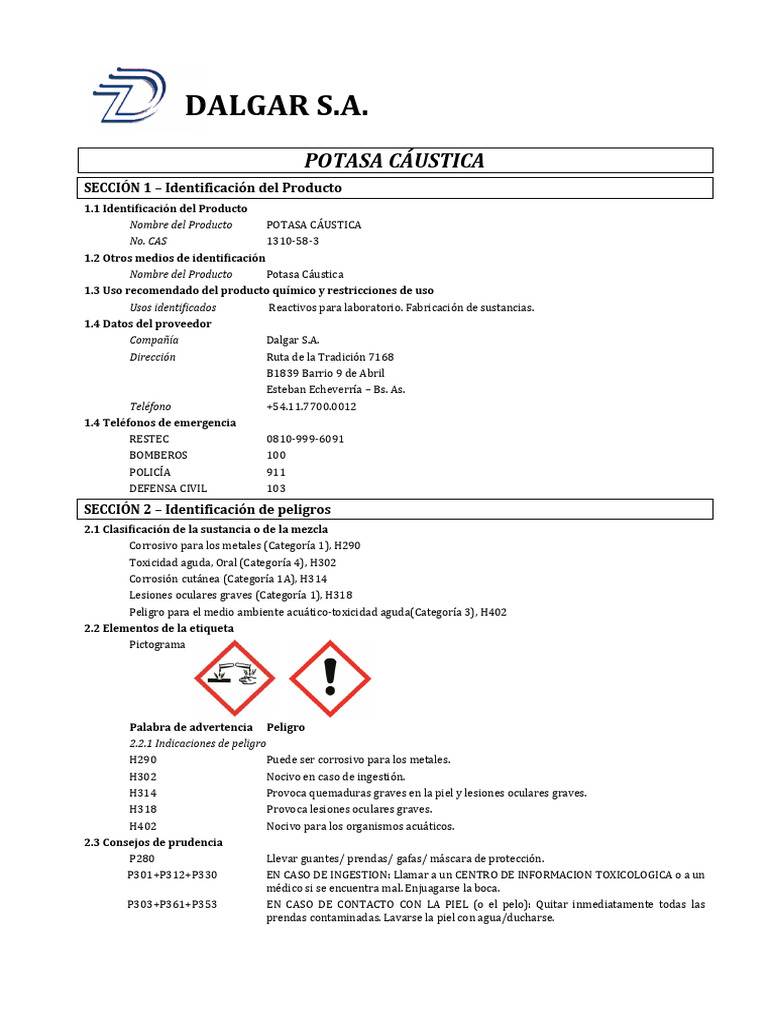 Hoja de Seguridad de Potasa Cáustica | PDF | Corrosión | Quemar