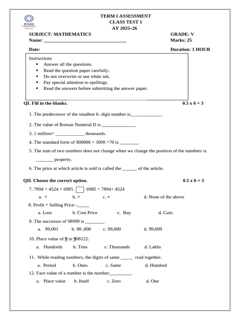 Grade V Mathematics Term I Assessment | PDF