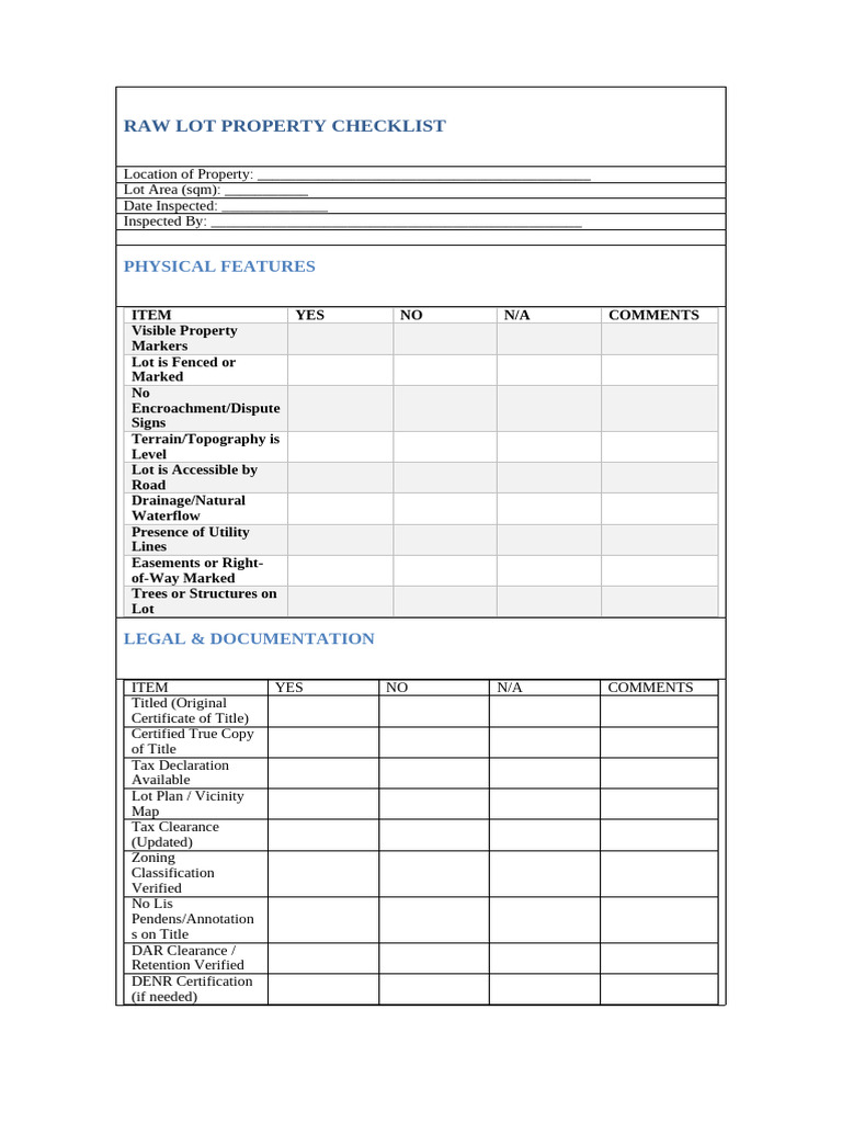 Raw Lot Property Checklist | PDF