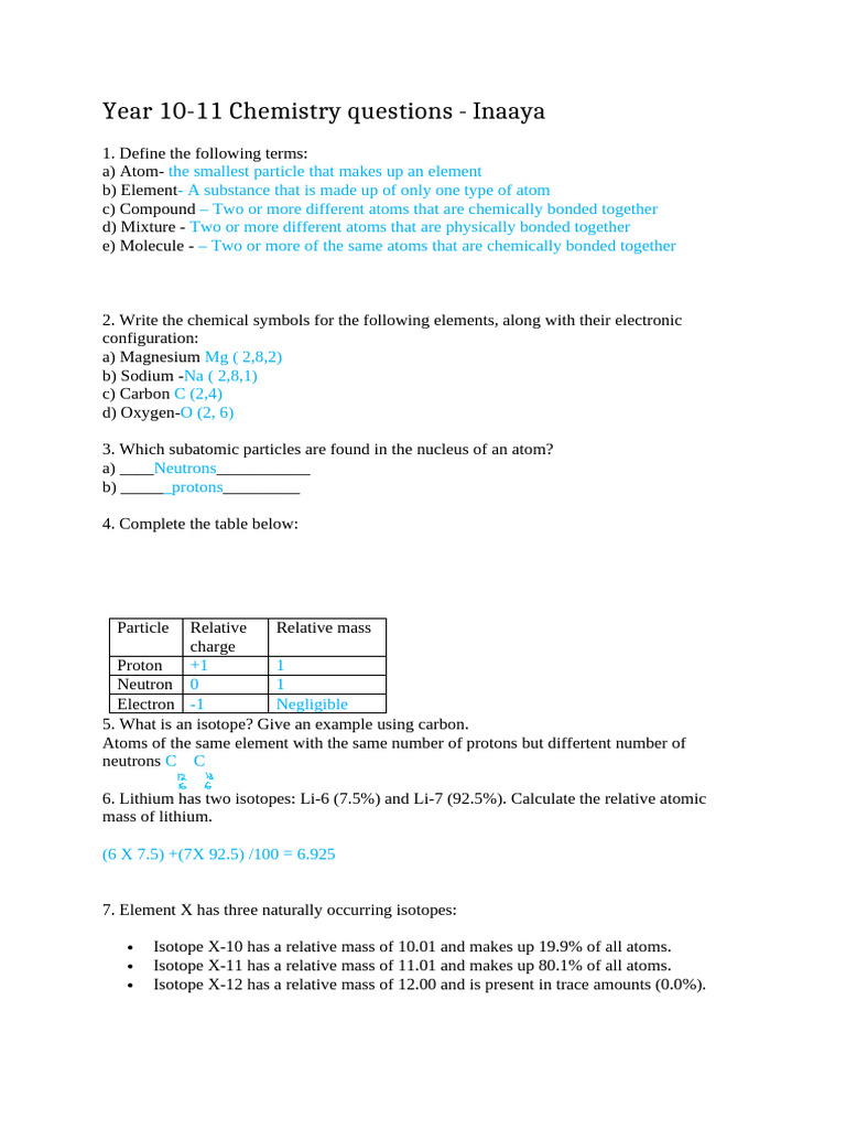 Year 10-11 Chemistry Questions Guide | PDF | Atoms | Chemical Elements