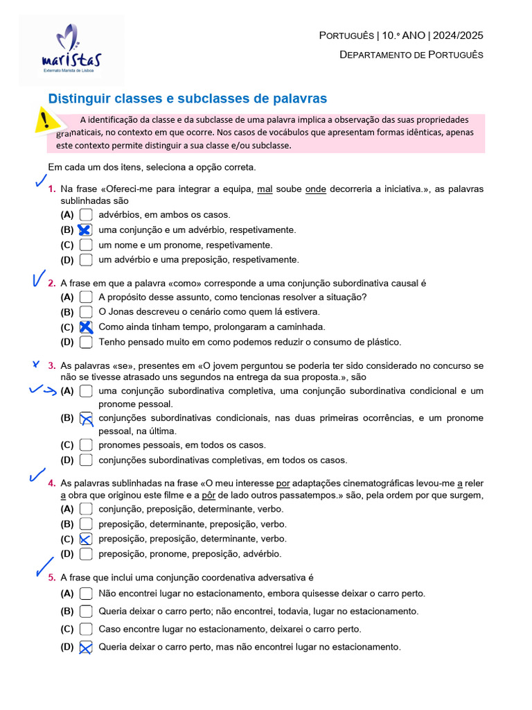 Distinguir Classes e Subclasses - Ficha de Treino | PDF | Pronome | Sintaxe