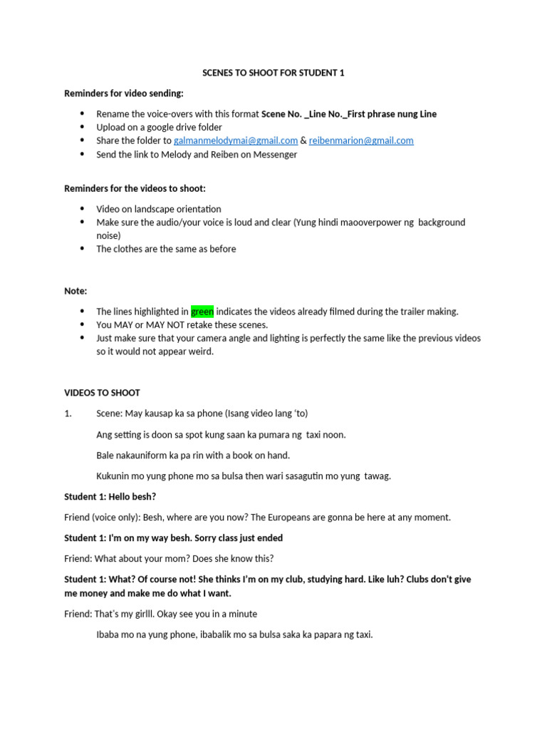 Video Shooting Guide for Student 1 | PDF