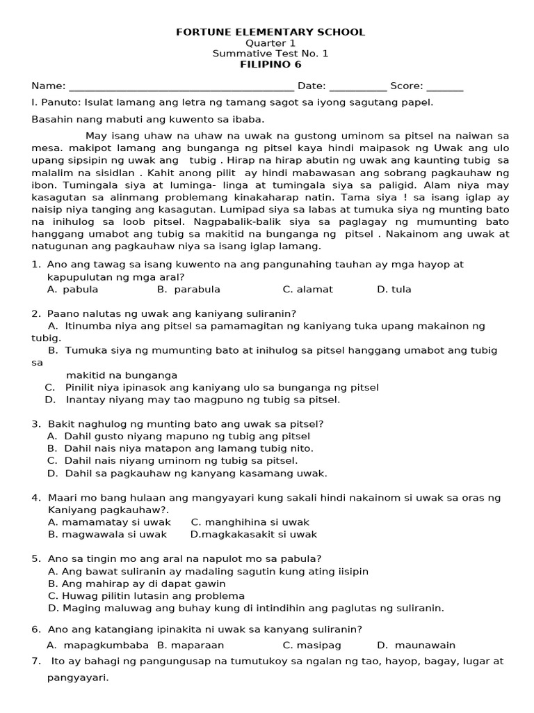 q1-1 Summative Test in Filipino 6 | PDF