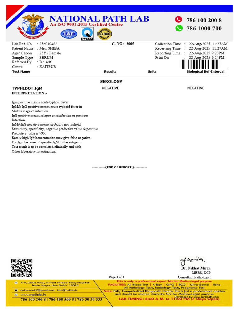 Typhidot IgM Test Results for Mrs. Shiba | PDF