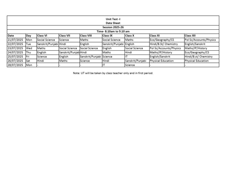 Unit Test Date Sheet 2025-26 | PDF