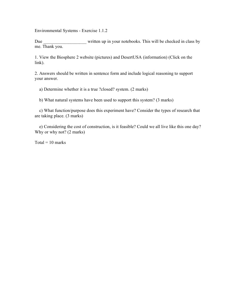 Biosphere 2 Environmental Systems Exercise | PDF