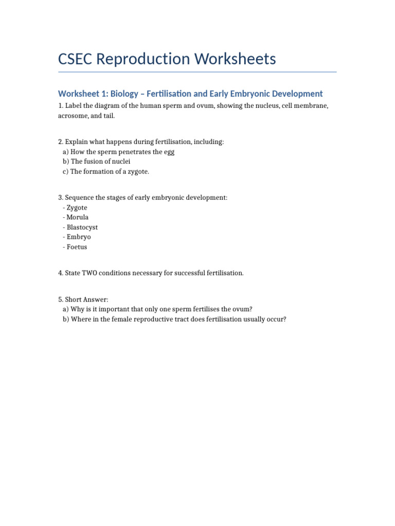 CSEC Reproduction and Menstrual Cycle Worksheets | PDF