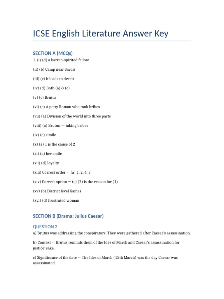 ICSE English Literature Answer Key Guide | PDF