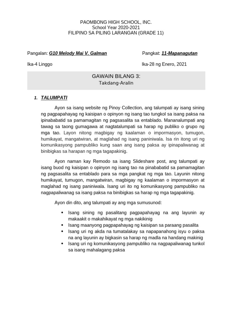 Takdang Aralin 3 - Talumpati | PDF