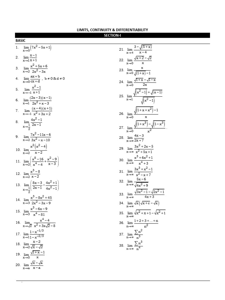 Limits, Continuity & Differentiability Basic: Section-I | PDF ...