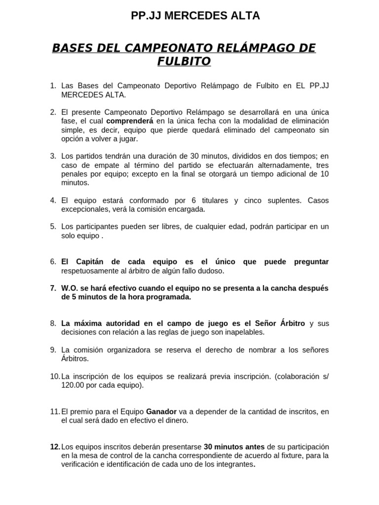 Reglas del Campeonato de Fulbito PP.JJ Mercedes Alta | PDF | Asociación ...
