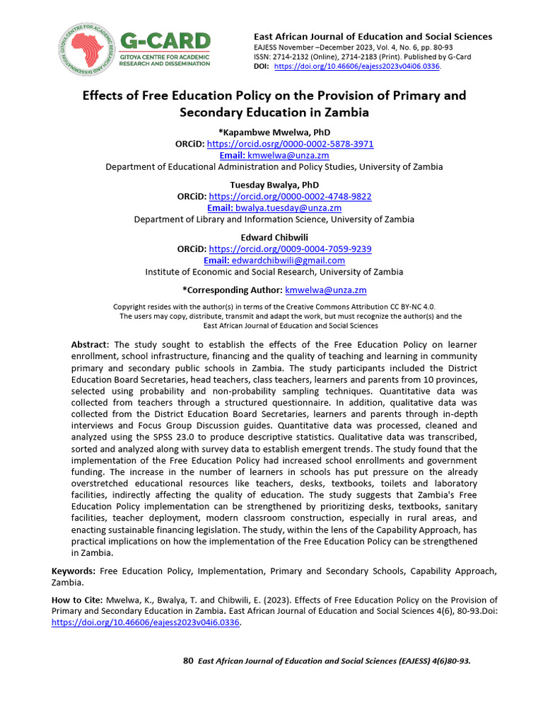 Effects of Free Education Policy On The Provision of Primary and ...