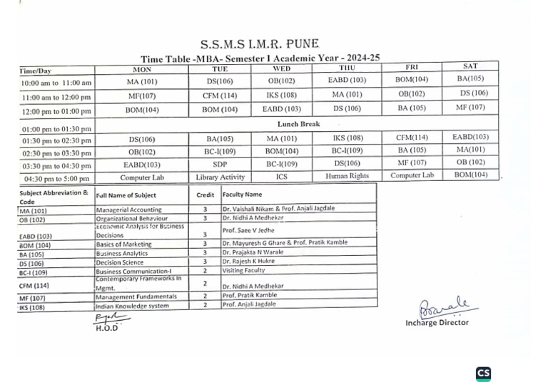Mba Sem1 Timetable | PDF