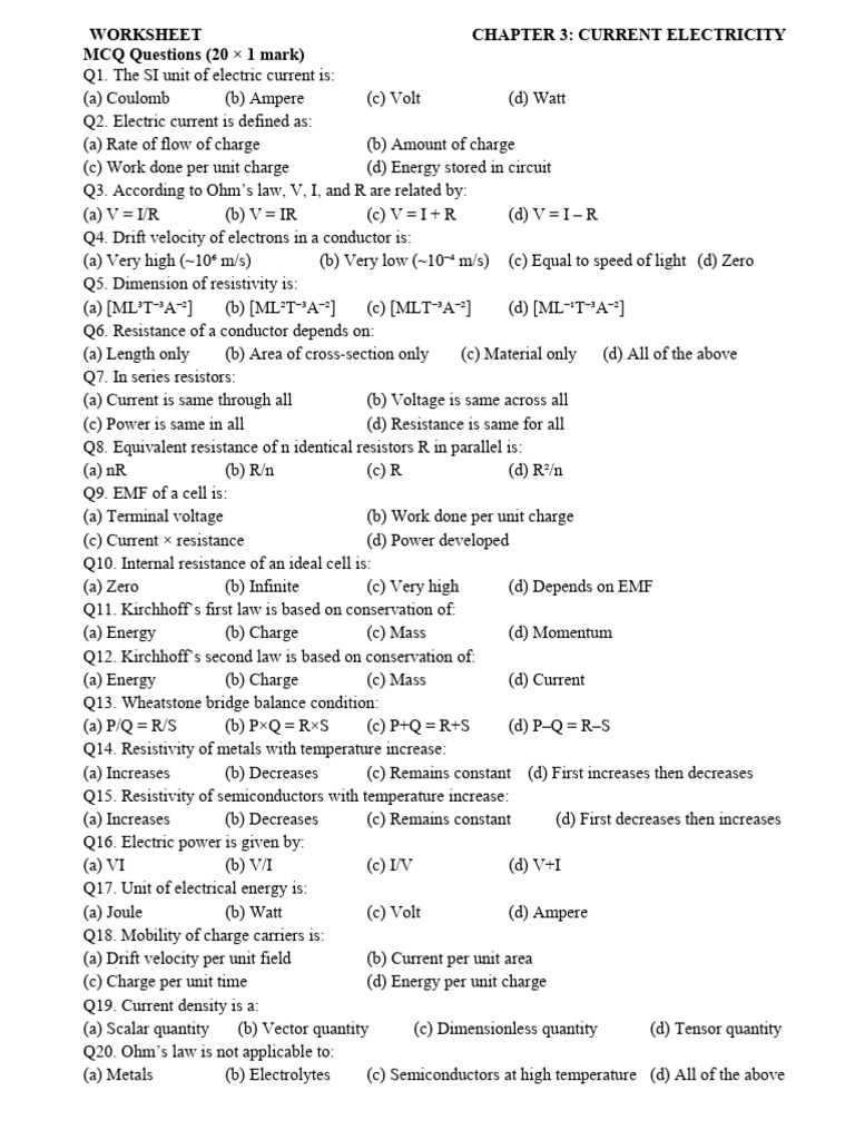 CH 3 Worksheet | PDF | Electric Current | Voltage
