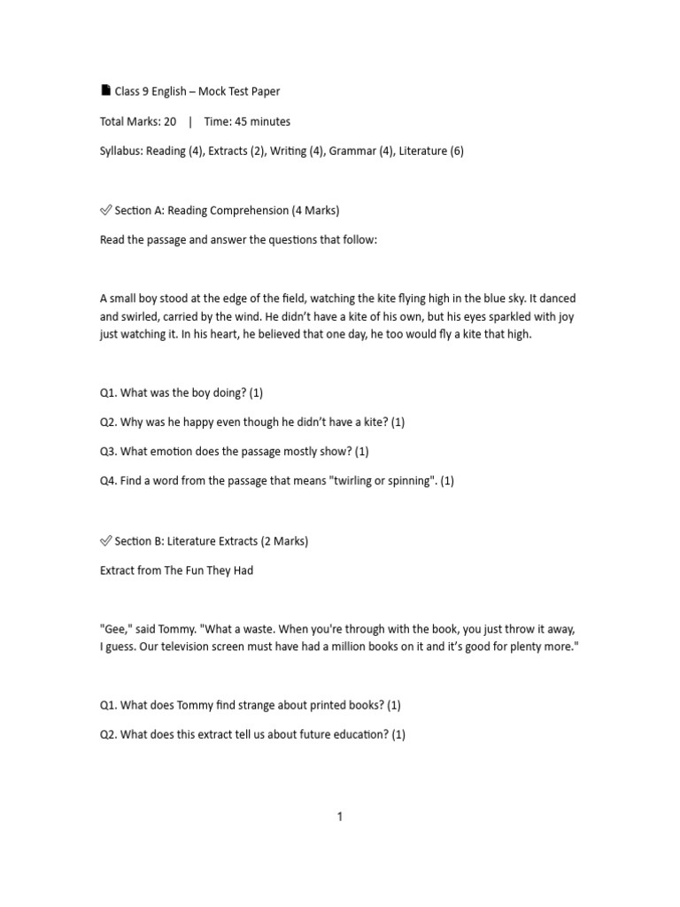 Class 9 English Mock Test Paper | PDF