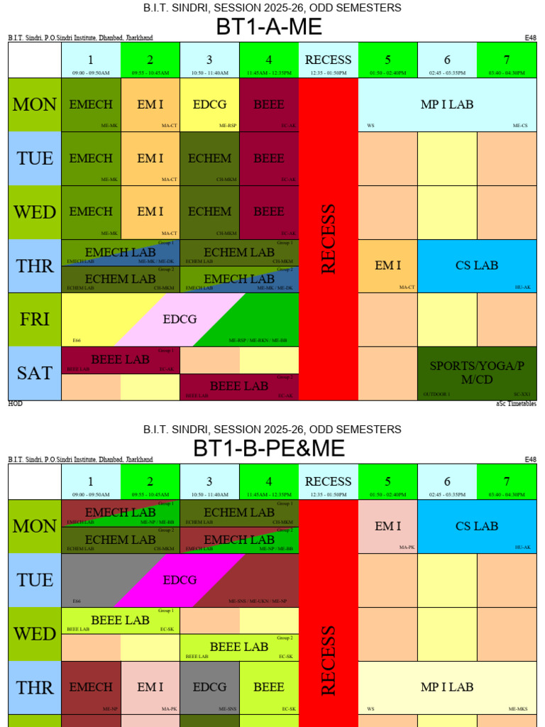 Class Time Table Sem 1 | PDF
