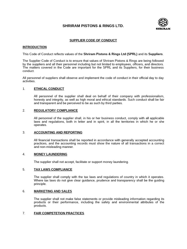 SPRL Supplier Code of Conduct Guide | PDF | Overtime | Conflict Of Interest