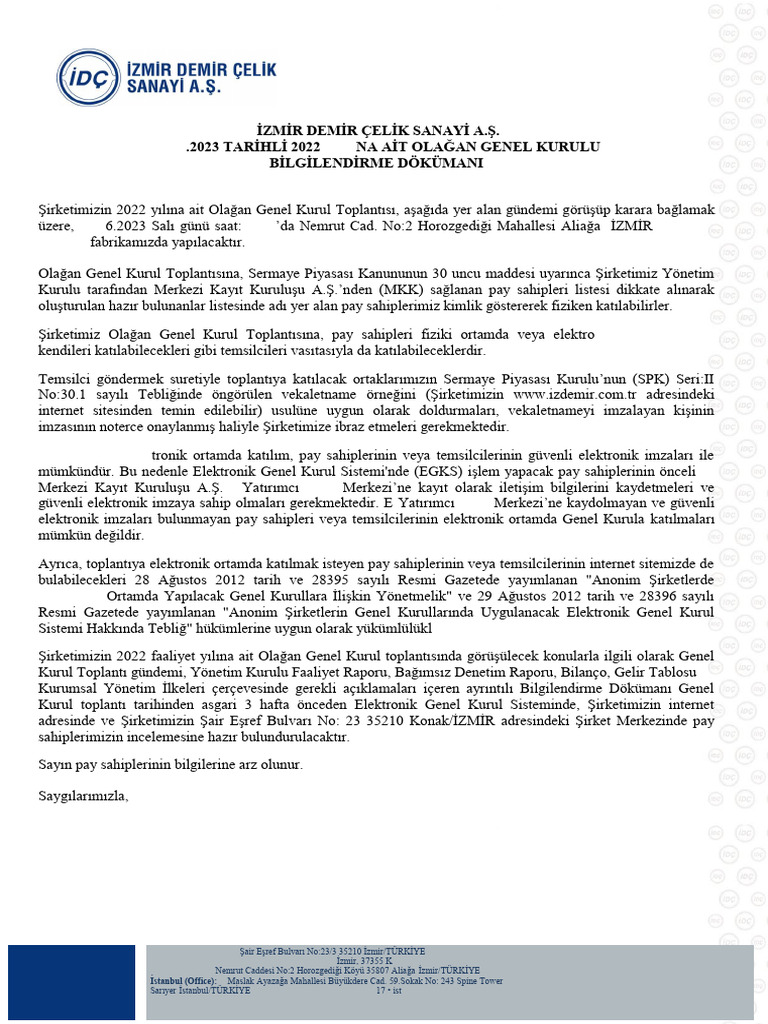 2022 Genel Kurul Bilgilendirme Notu | PDF