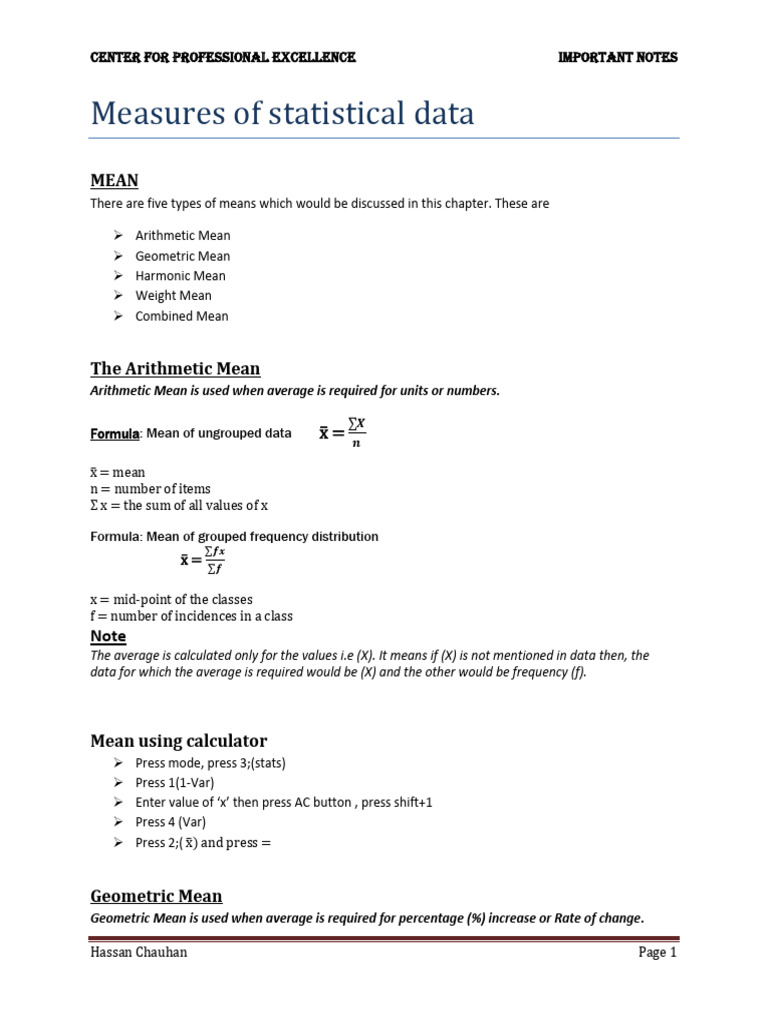Statistical Measures: Mean, Median, Mode | PDF | Mean | Probability ...