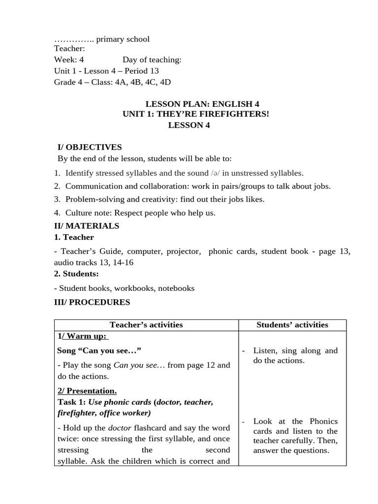 Grade 4 English Lesson Plan: Firefighters | PDF | Stress (Linguistics ...