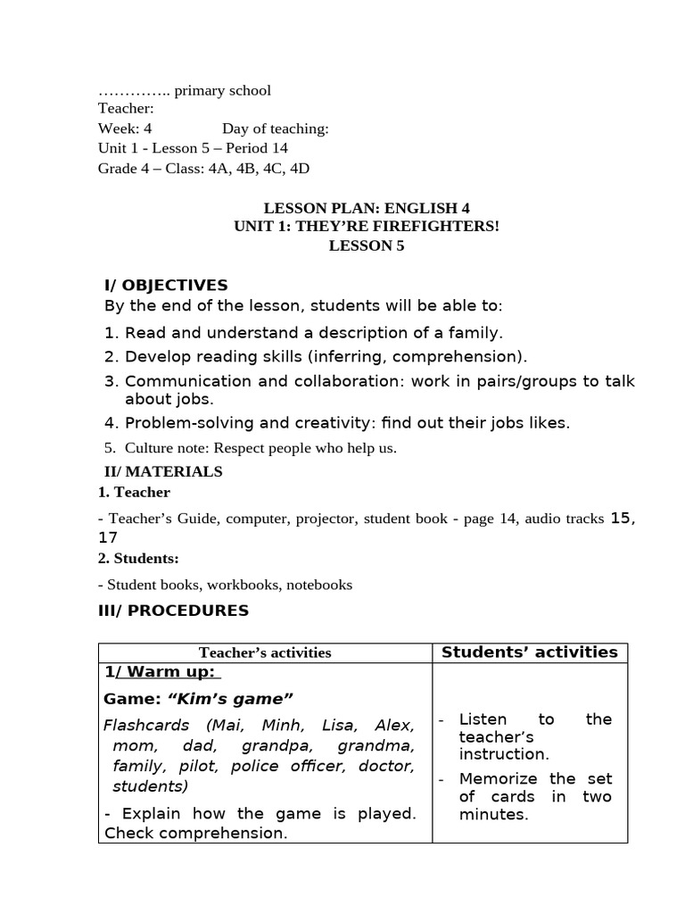 Grade 4 English Lesson Plan: Firefighters | PDF | Learning | Cognition