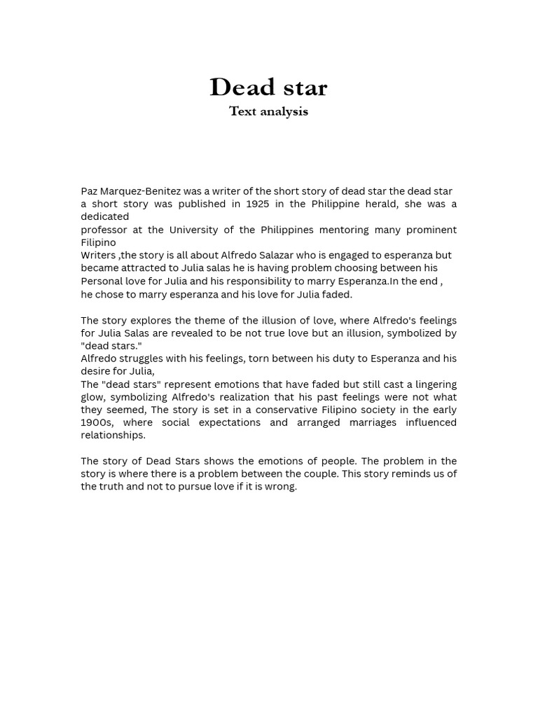 Paz Marquez Benitez's Dead Stars The Short Story "Dead Stars" Was ...