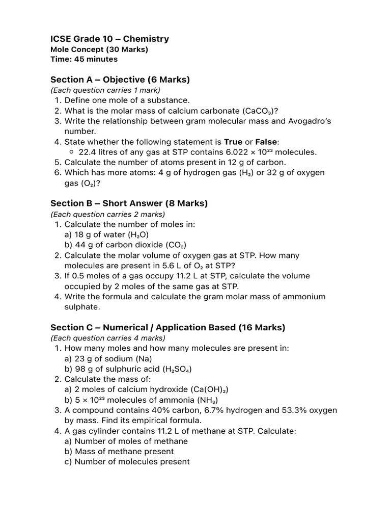 Mole Concept Paper | PDF