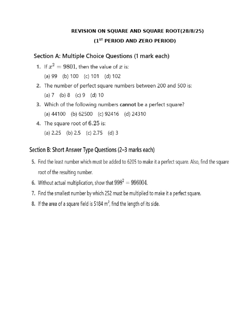 Revision On Square and Square Root | PDF