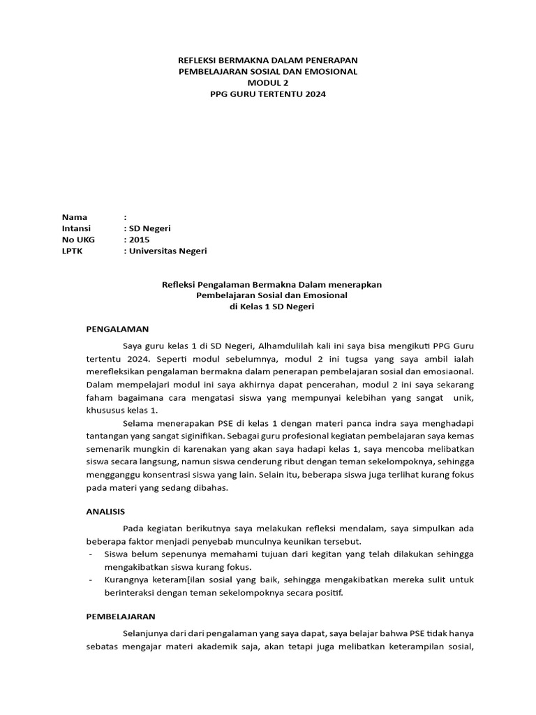Contoh Modul 2 REFLEKSI BERMAKNA PPG Daljab | PDF