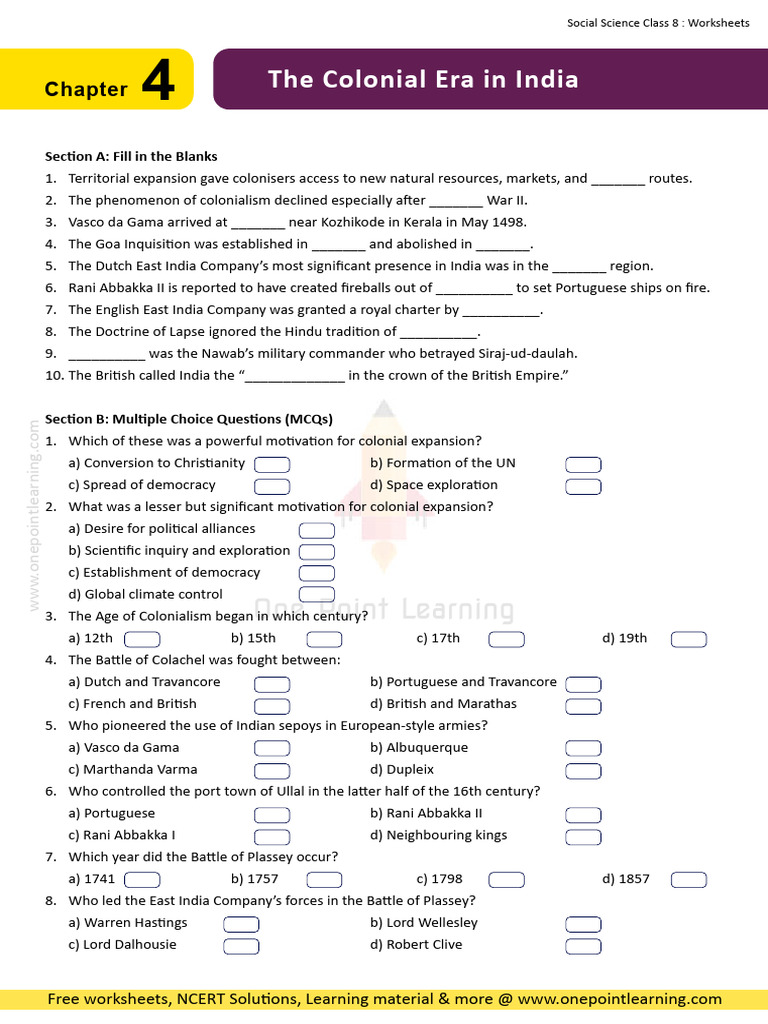 The Colonial Era in India Class 8 Social Science Worksheet | PDF | Indian Rebellion Of 1857 ...