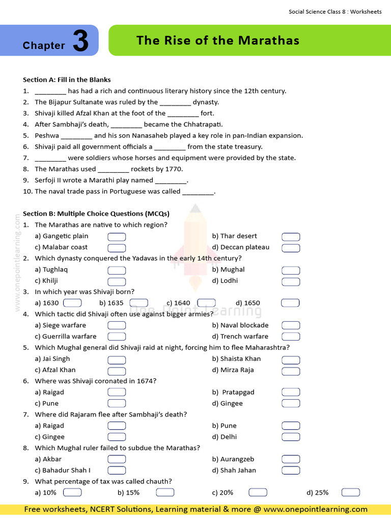 The Rise of The Marathas Class 8 Social Science Worksheet | PDF