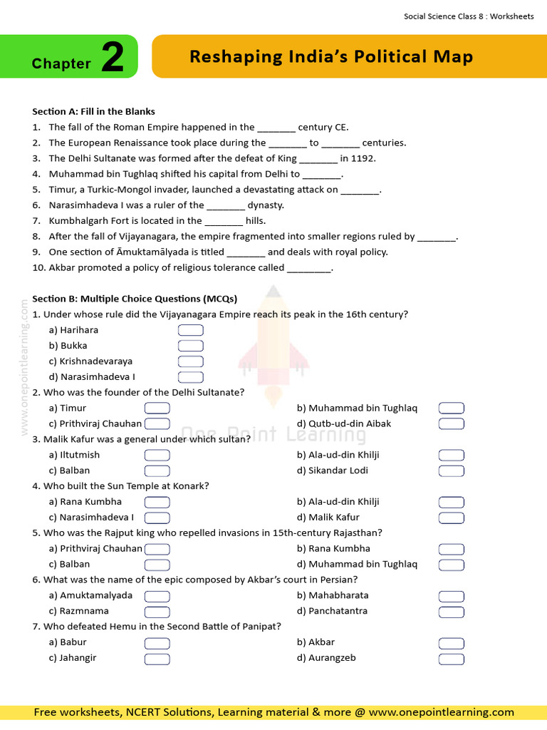 Reshaping Indias Political Map Class 8 Worksheet | PDF | Mughal Empire